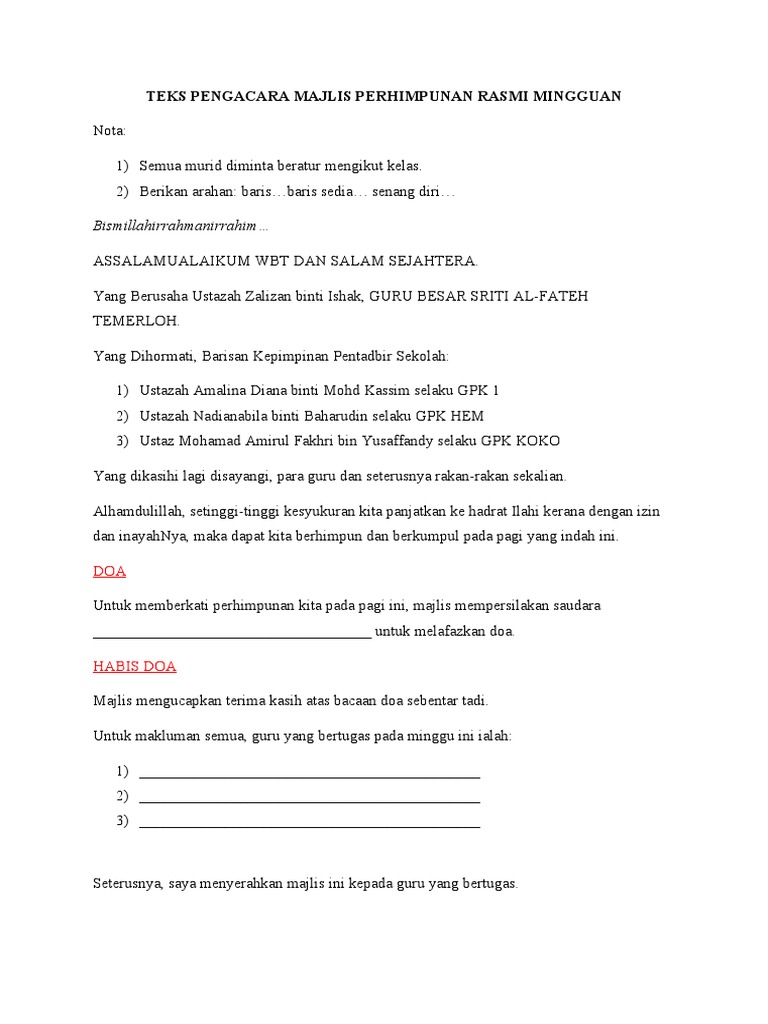 TEKS PENGACARA MAJLIS PERHIMPUNAN RASMI MINGGUAN SRITI Al-Fateh (T) | PDF