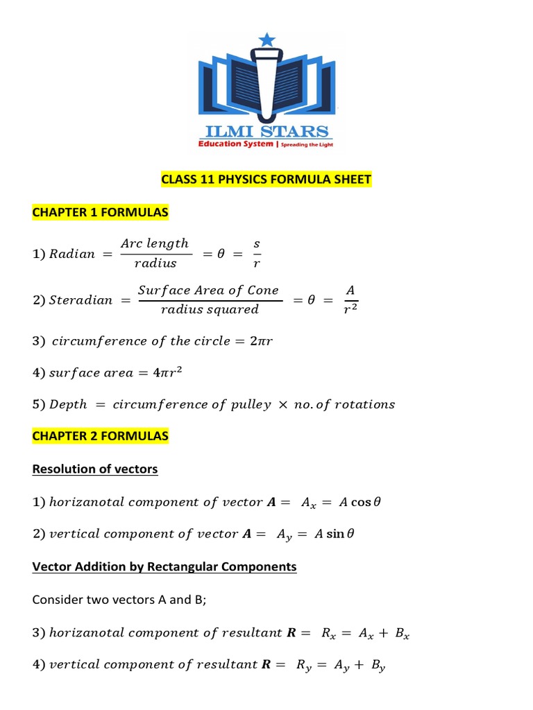 Physics Formula Sheet Grade 11