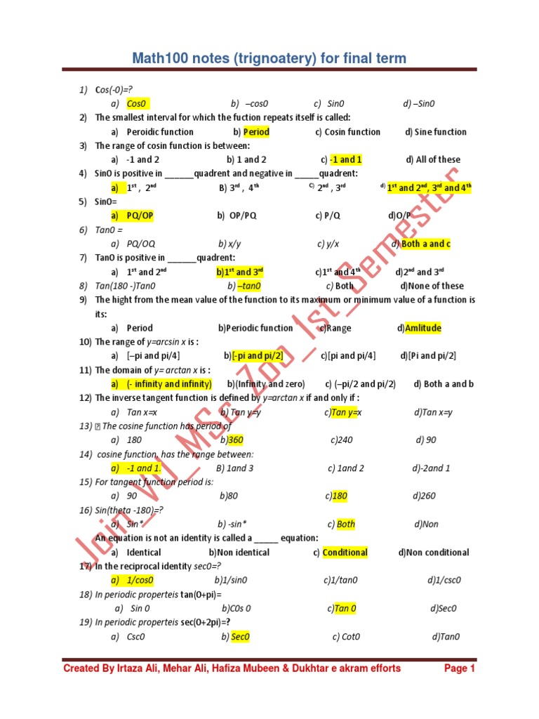 MTH 100 Final Trignometry MCQ S and Notes | PDF | Trigonometric ...