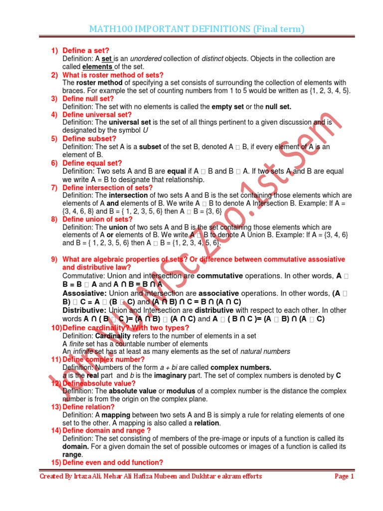 Mth100 Definitions | PDF | Science & Mathematics | Computers