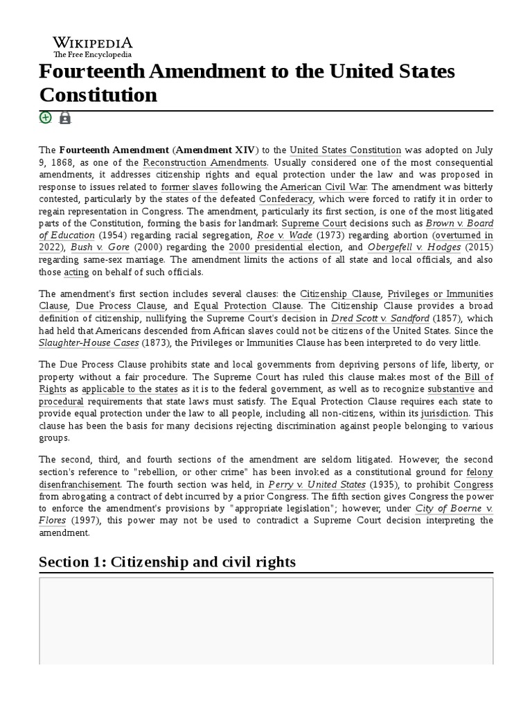 W.fourteenth Amendment To The United States Constitution | PDF ...