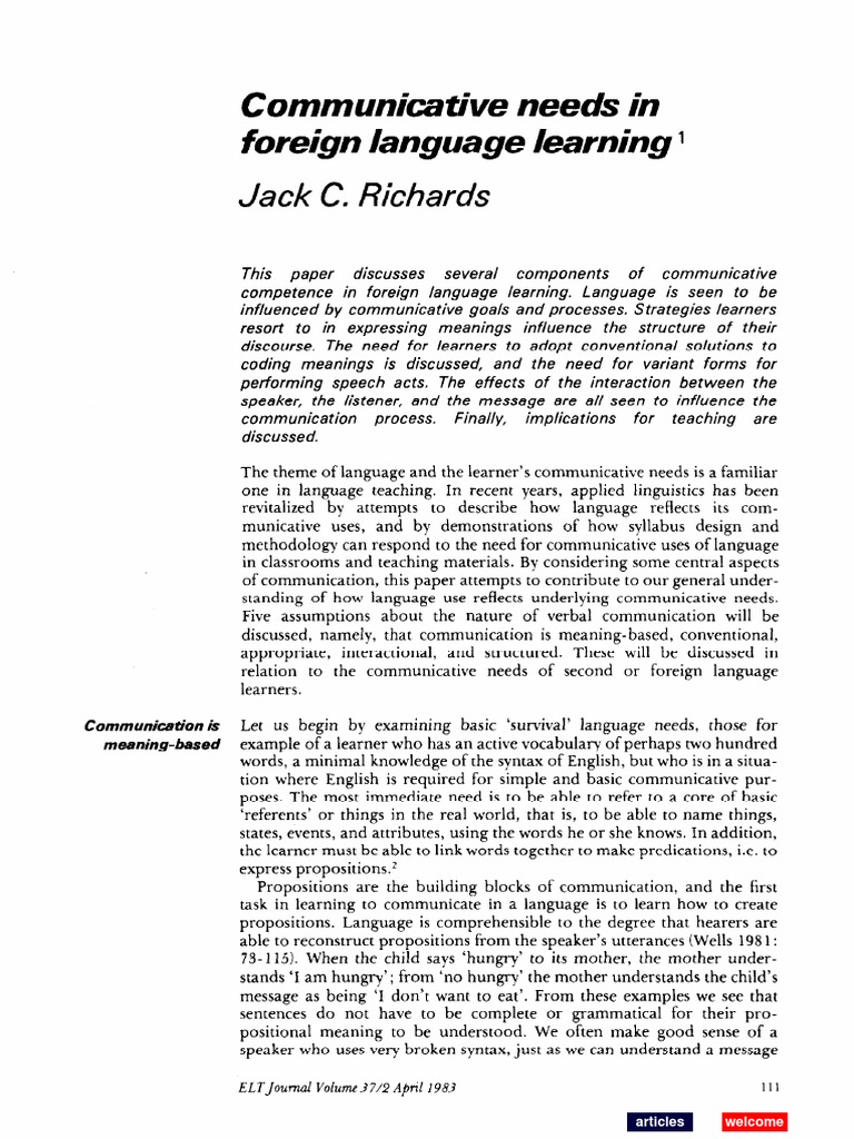 Communicative Needs in Language Learning | PDF | Question | Language ...