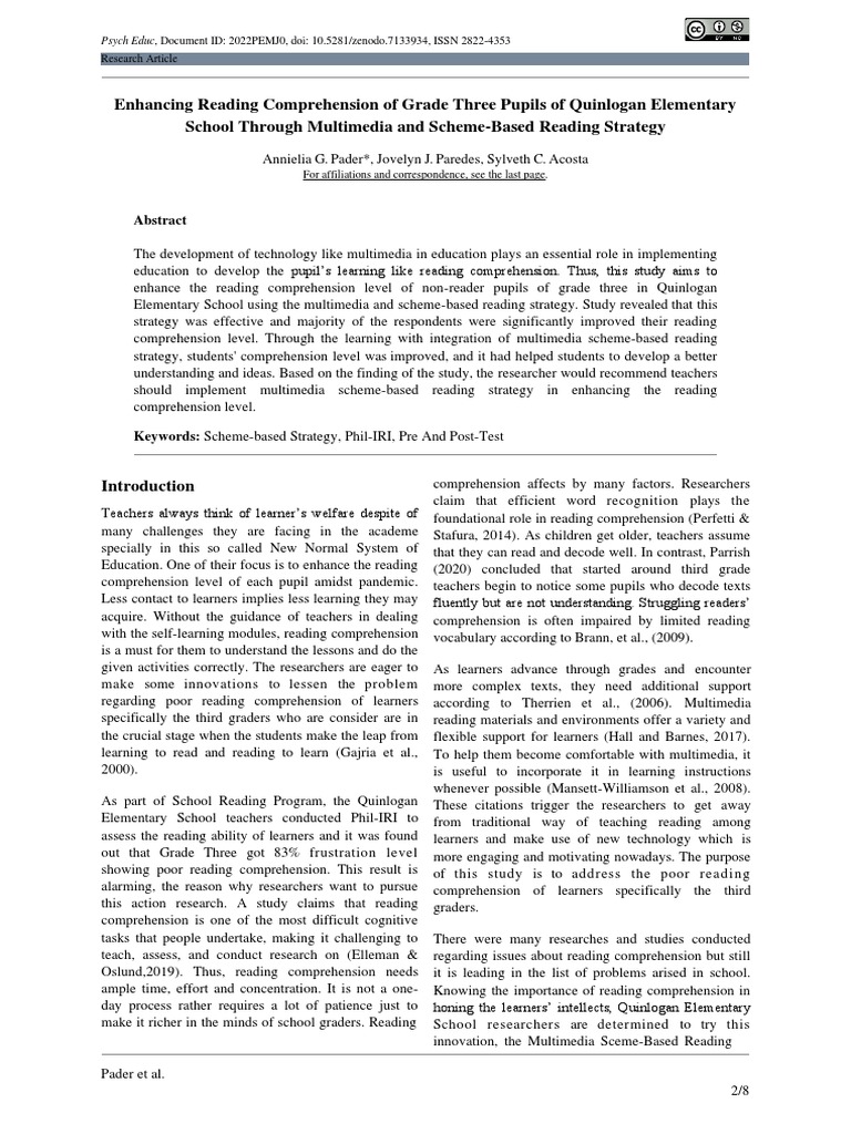 Enhancing Reading Comprehension of Grade Three Pupils of Quinlogan Elementary School Through ...