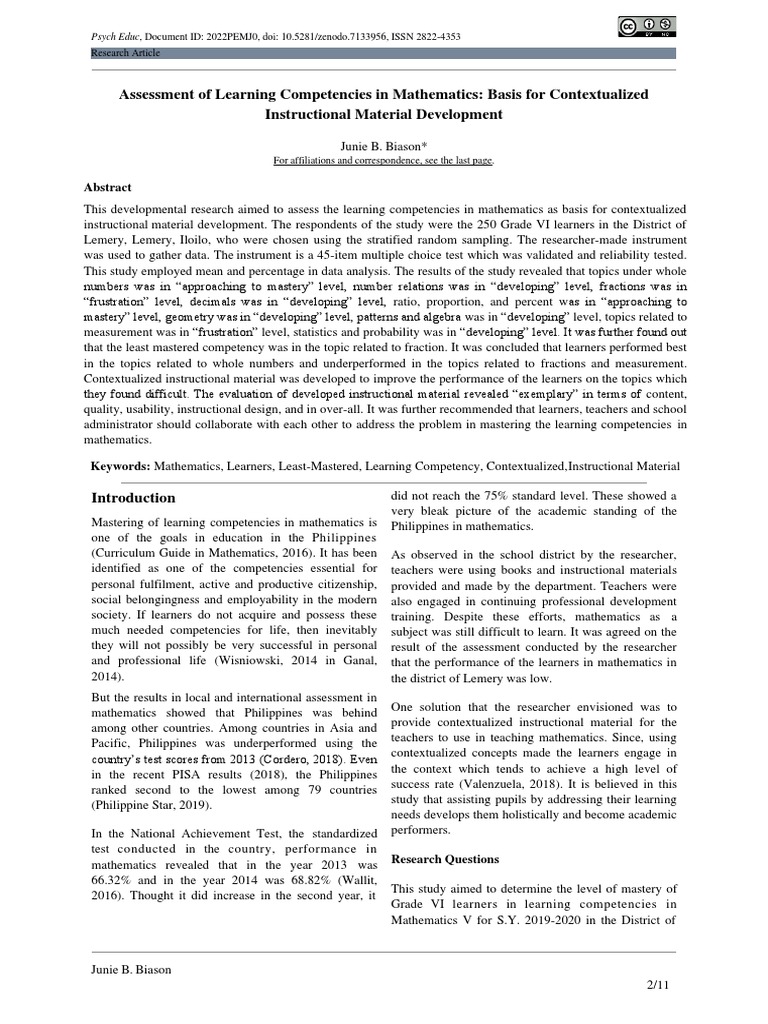 Assessment of Learning Competencies in Mathematics Basis For Contextualized Instructional ...