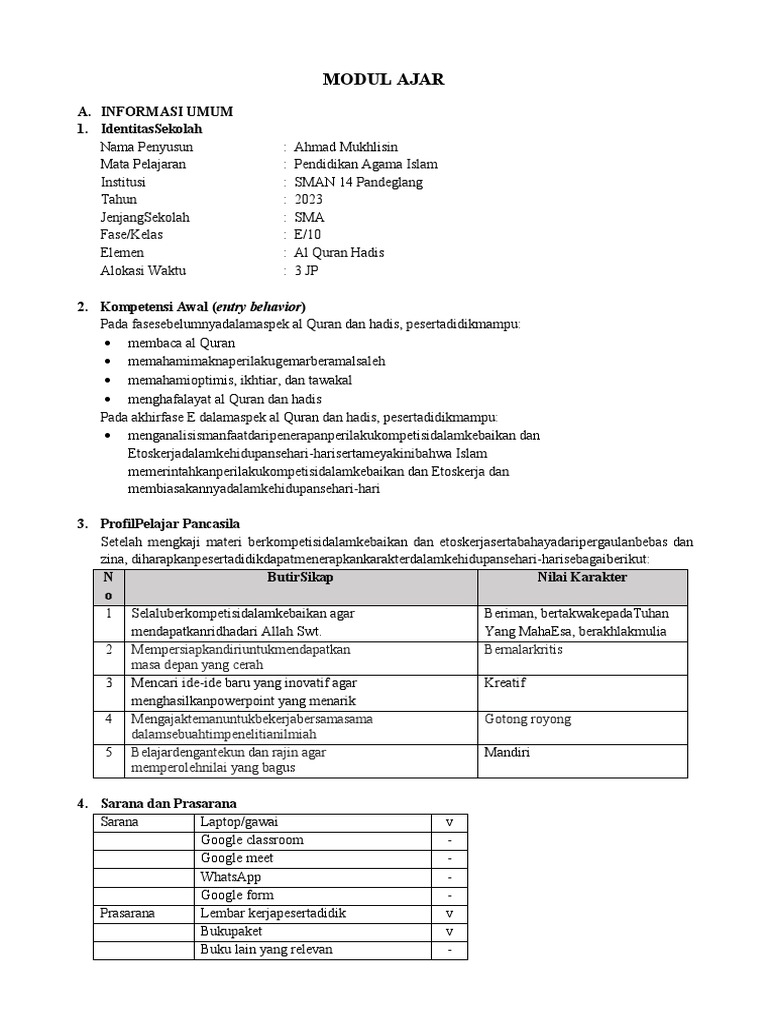MODUL AJAR Ahmad Mukhlisin | PDF
