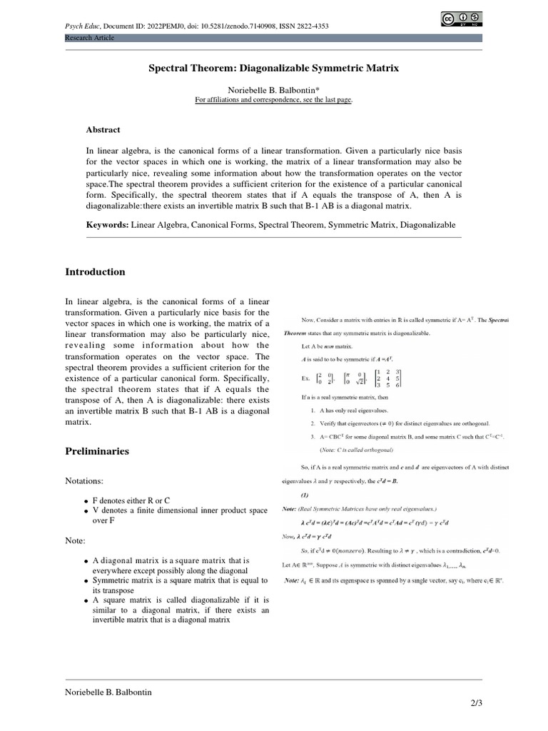 Spectral Theorem Diagonalizable Symmetric Matrix | PDF