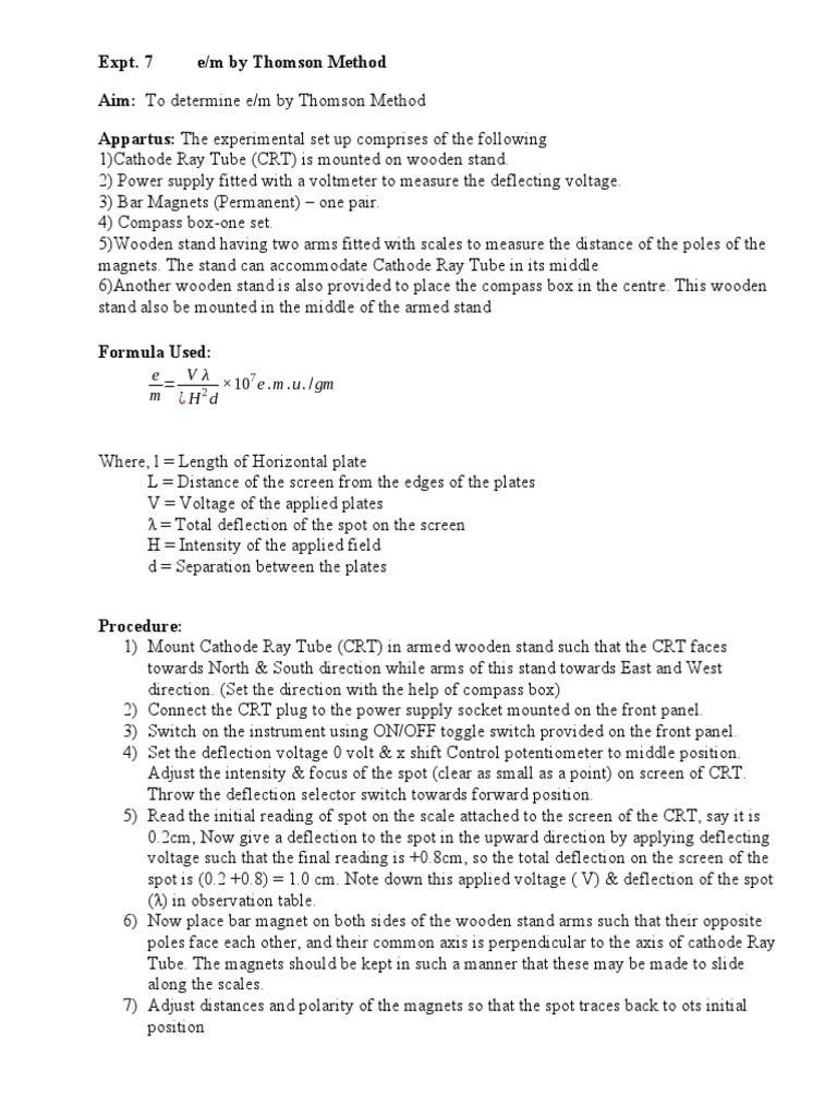 Specific Charge by Thomson Method | PDF | Vacuum Tube | Compass