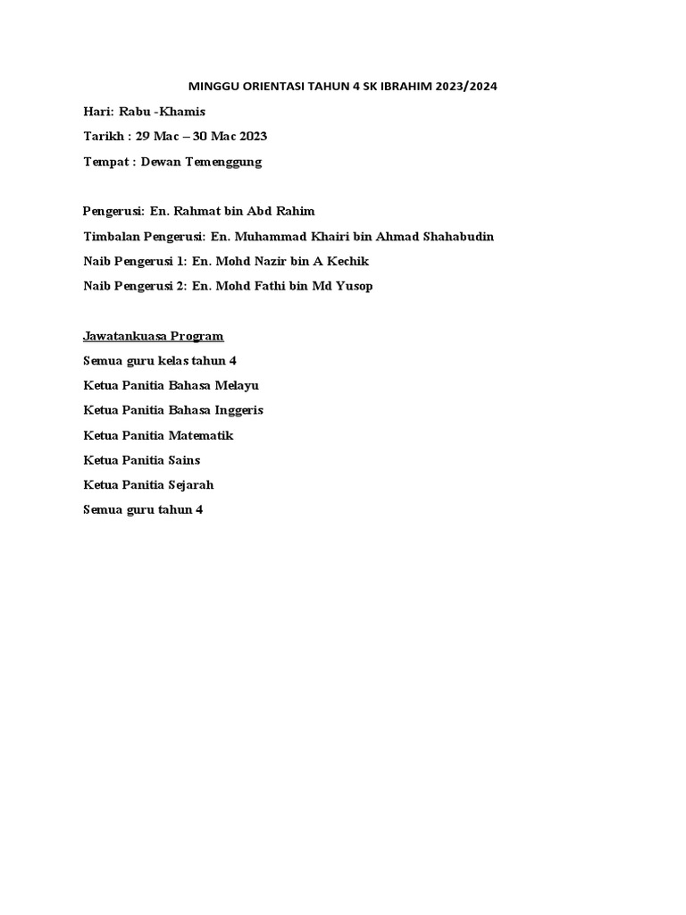 Minggu Orientasi Tahun 4 SK Ibrahim 2023 | PDF