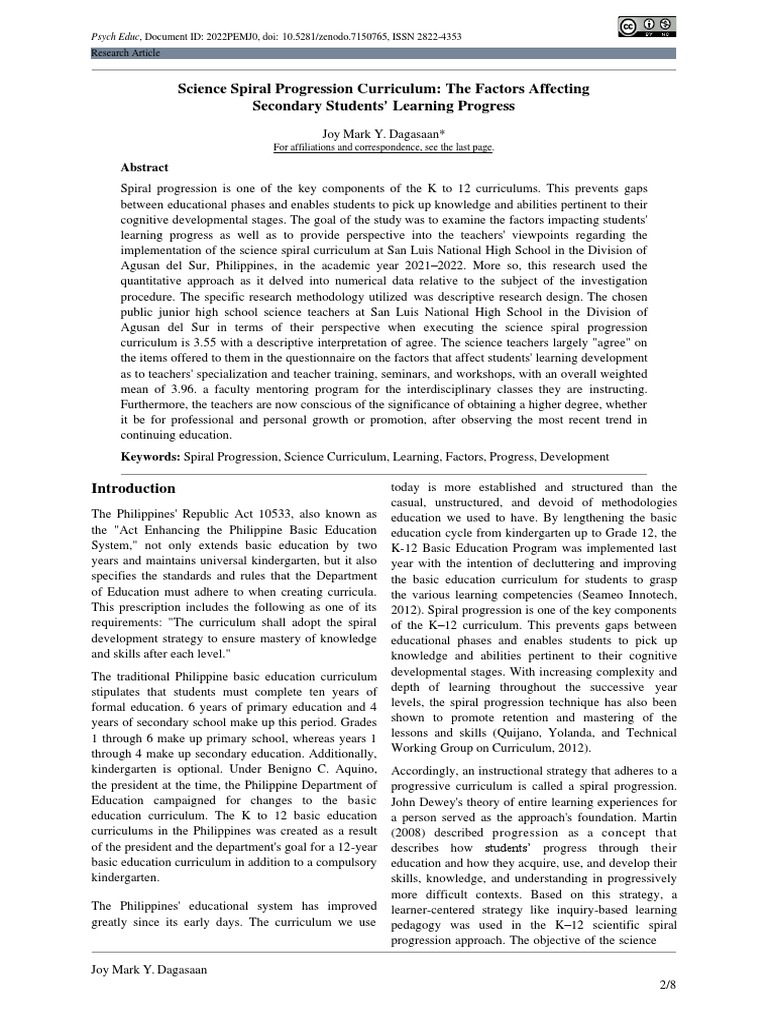 Science Spiral Progression Curriculum: The Factors Affecting Secondary ...