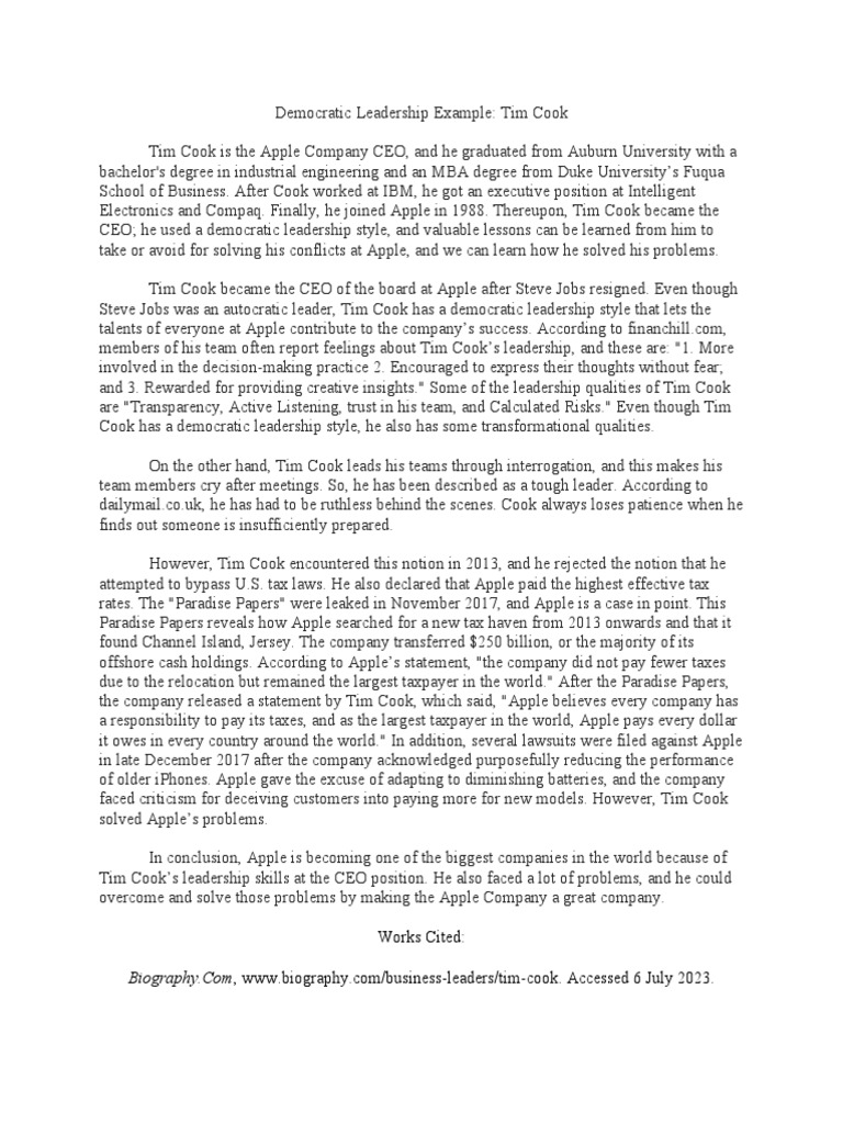 Democratic Leadership (Tim Cook) | PDF | Apple Inc. | Leadership
