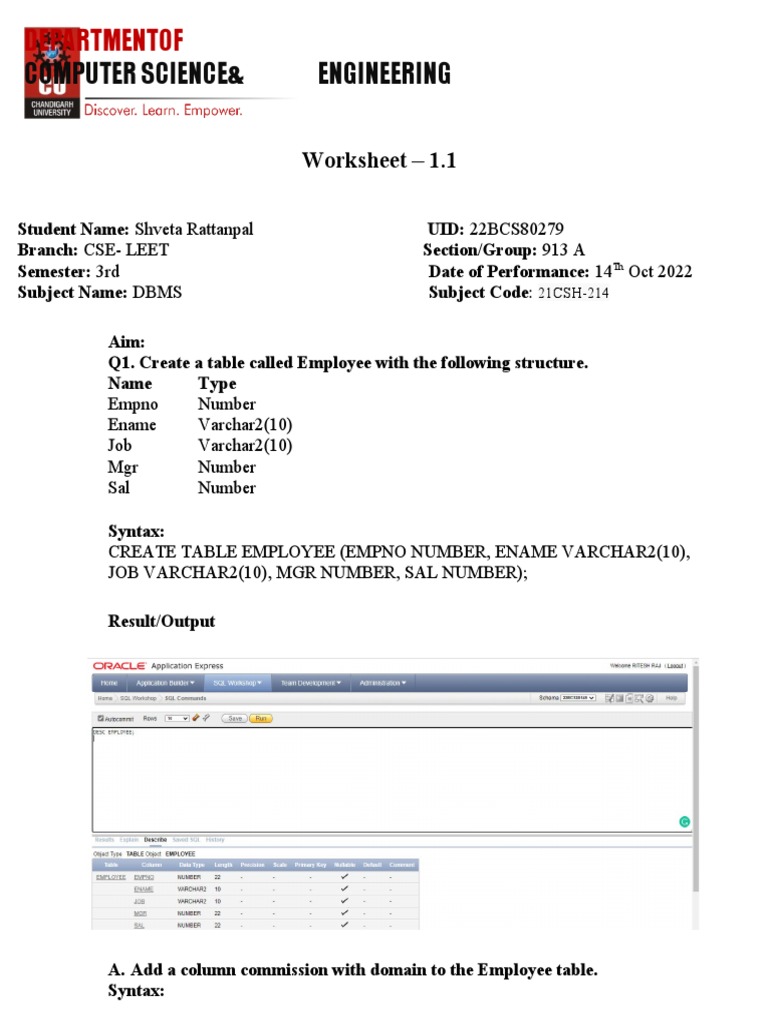 Worksheet 1.1 DBMS by SHVETA RATTANPAL | Download Free PDF | Data | Computer Science