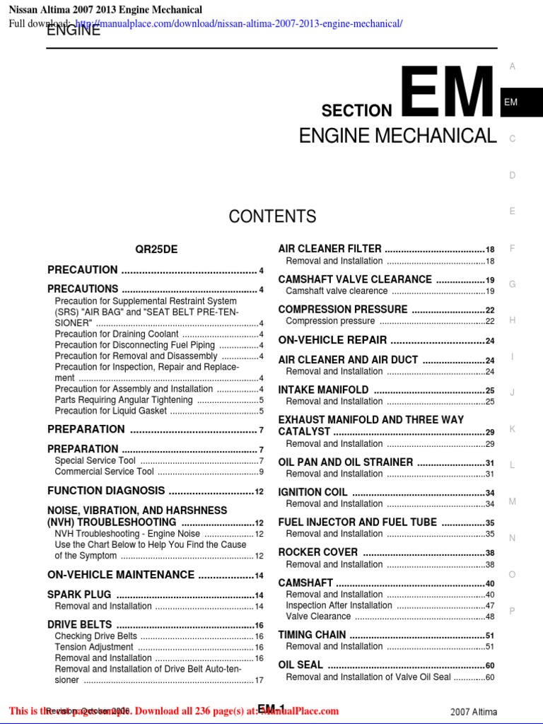 Nissan Altima 2007 2013 Engine Mechanical | PDF | Airbag | Pipe (Fluid ...