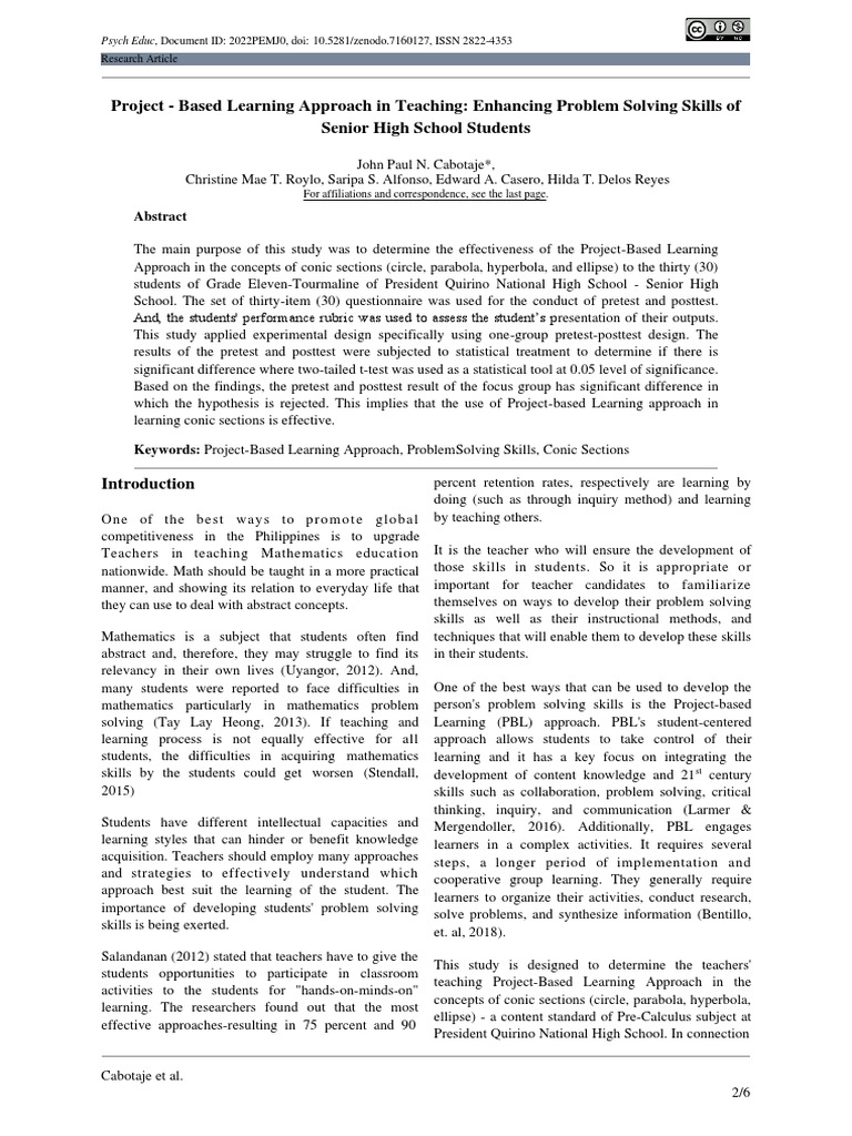 Project - Based Learning Approach in Teaching: Enhancing Problem Solving Skills of Senior High ...