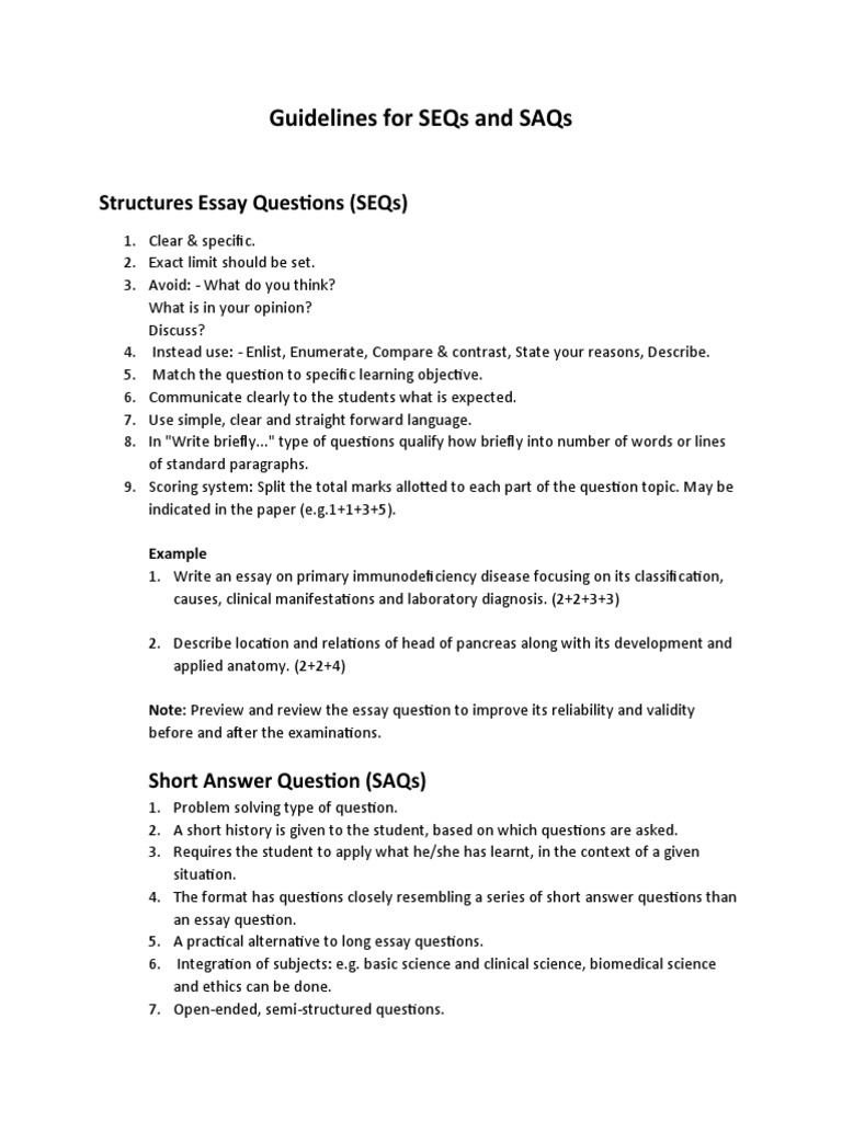 Guidelines For SEQs and SAQs | PDF