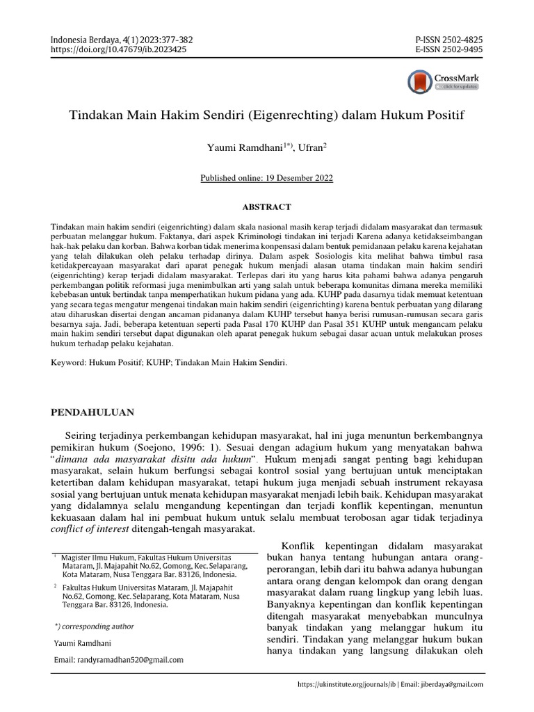 Tindakan Main Hakim Sendiri Eigenrechting Dalam Hu | PDF