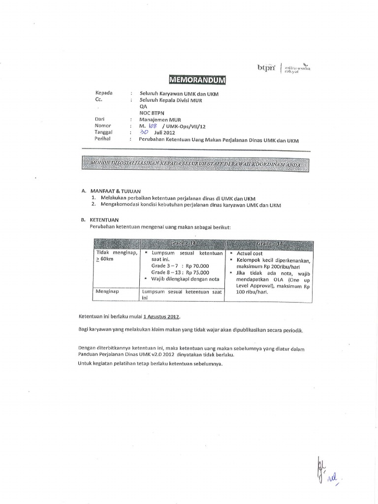 Memo Perubahan Ketentuan Uang Makan Perjalanan Dinas UMK Dan UKM | PDF