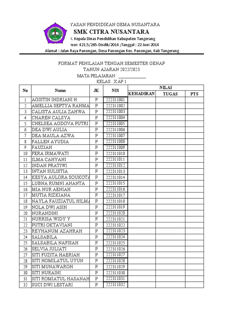 Format Nilai PTS 10 SBK Genap | PDF