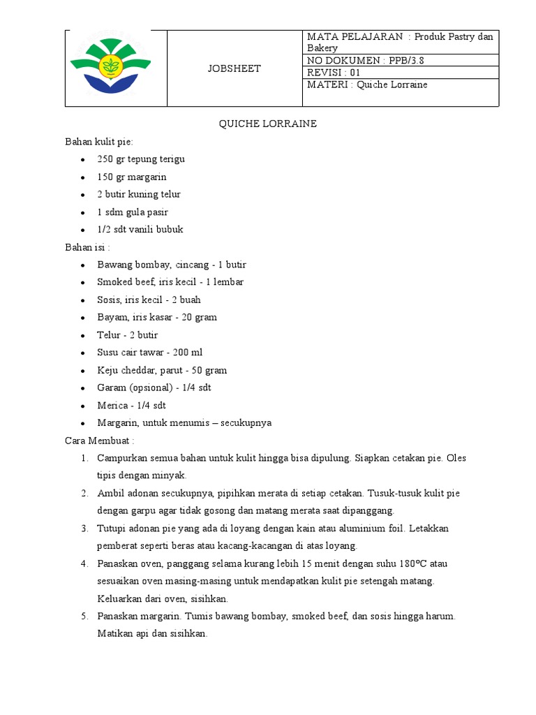 Jobsheet Quiche Lorraine | PDF | Cooking, Food & Wine