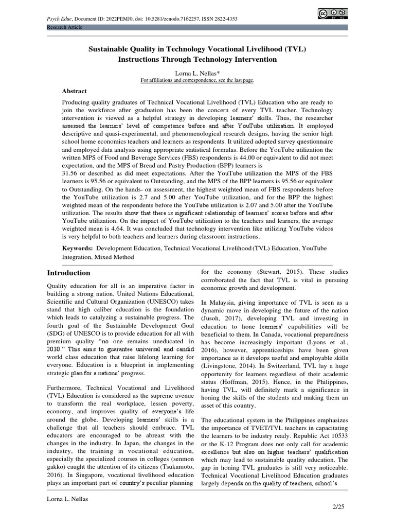 Sustainable Quality in Technology Vocational Livelihood (TVL ...