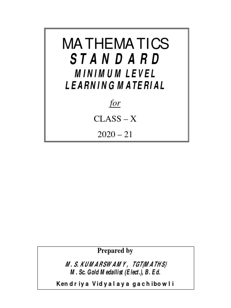 MLL Study Materials Maths Standard Class X 2020 21 | PDF | Factorization | Quadratic Equation