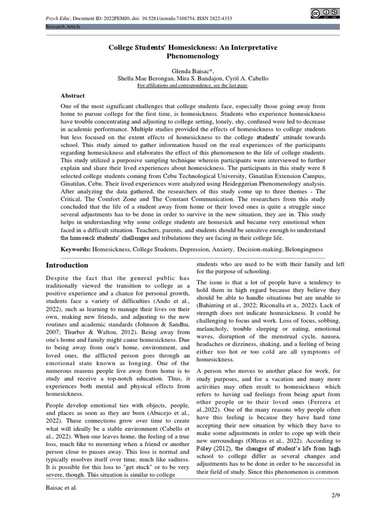 College Students' Homesickness: An Interpretative Phenomenology | PDF ...