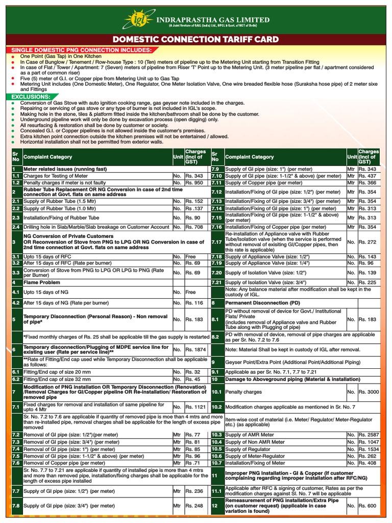 IGL Domestic Connection Charges Overview | PDF | Pipe (Fluid Conveyance ...