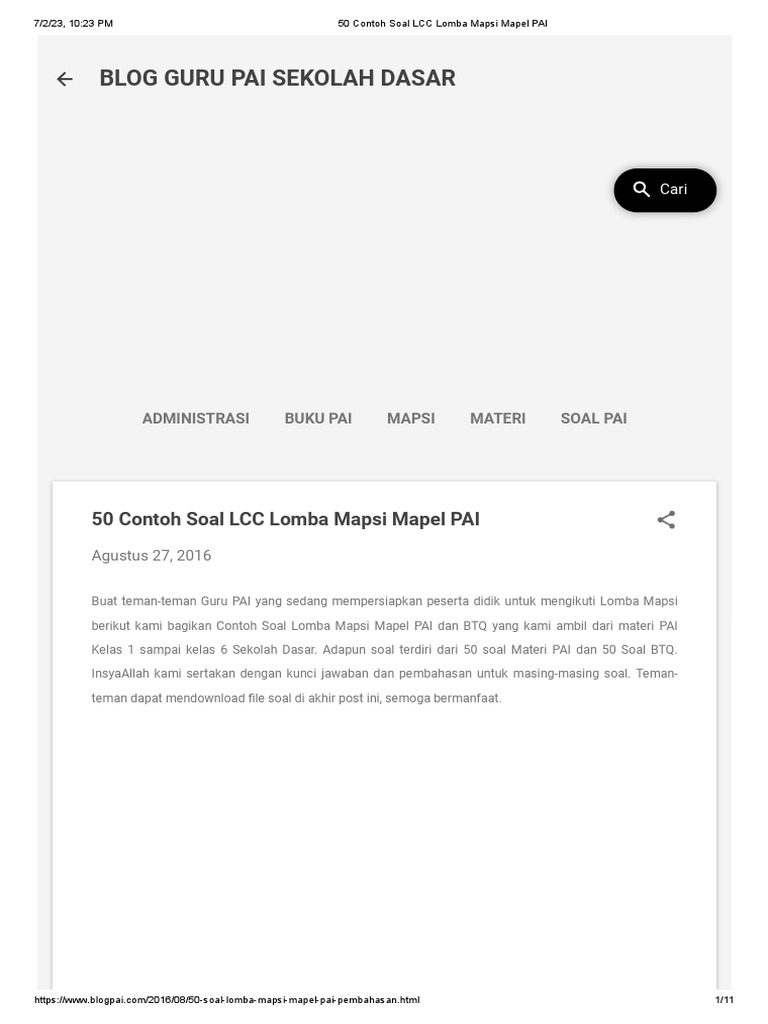 50 Contoh Soal LCC Lomba Mapsi Mapel PAI | PDF