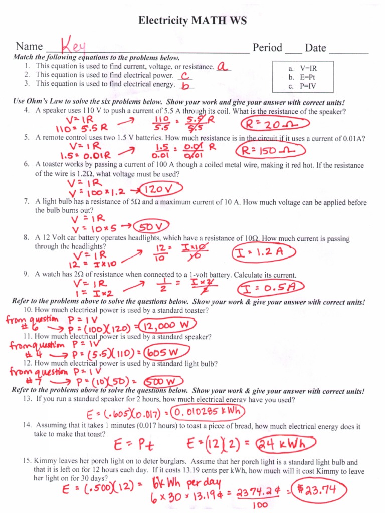 Electricity Math Ws Key | PDF