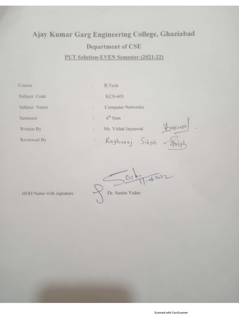Computer Networks KCS-603 PUT Sol Even 21-22 | PDF