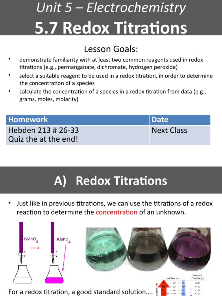 Redox Titrations and Calculations | PDF | Titration | Chemistry