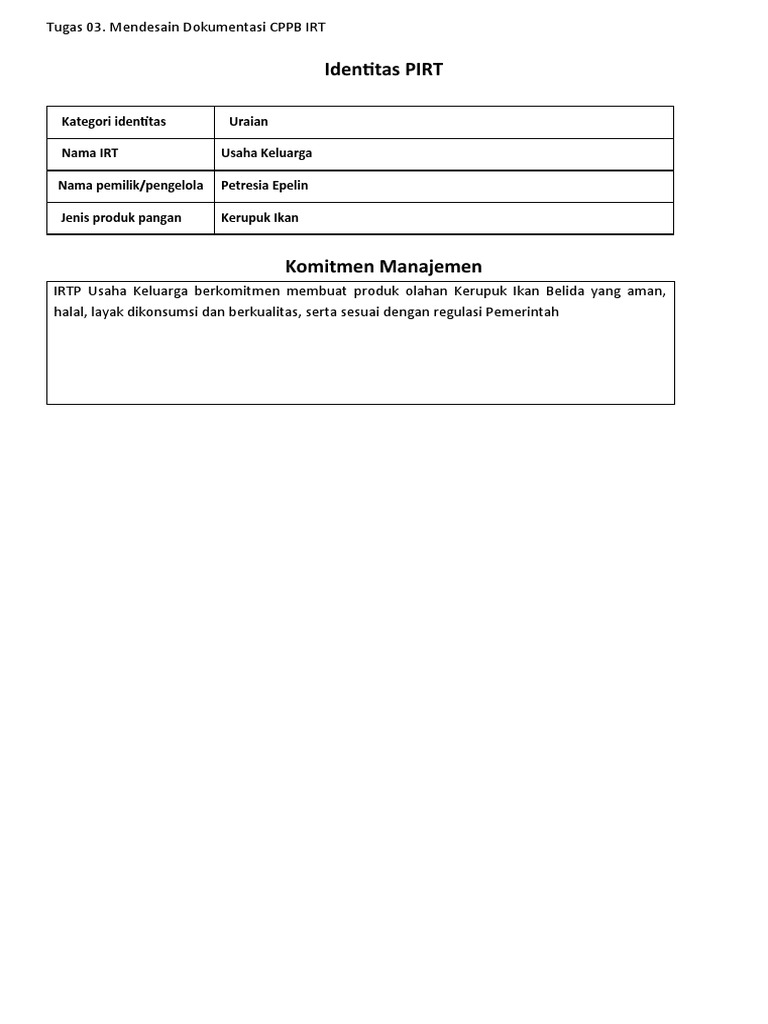 Tugas 01.mendesain Dokumentasi CPPB IRT-1 | PDF