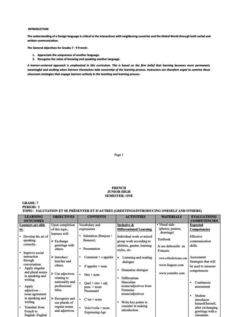 Liberia French Curriculum G7-9 | PDF | Grammatical Gender | Noun