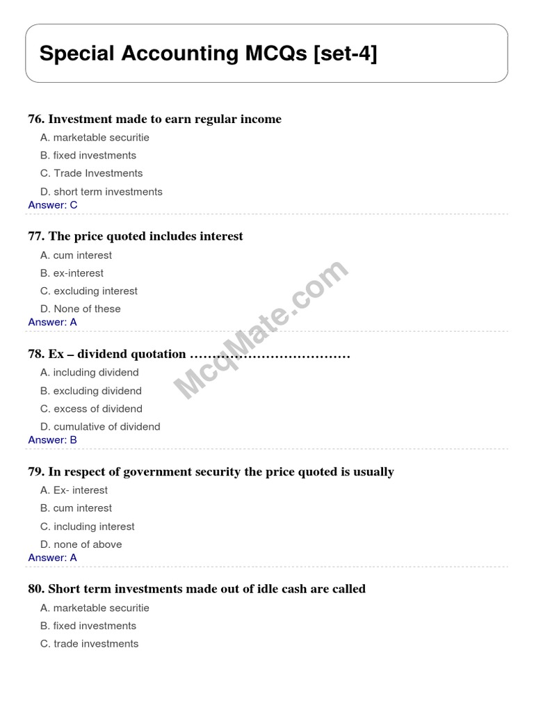 Special Accounting Solved MCQs (Set-4) | PDF | Investing | Securities ...