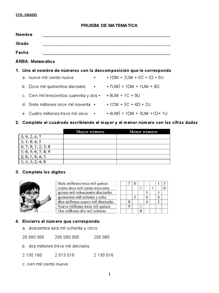 Prueba Diagnostica 5° - Matematica | PDF | Sustracción | Matemáticas