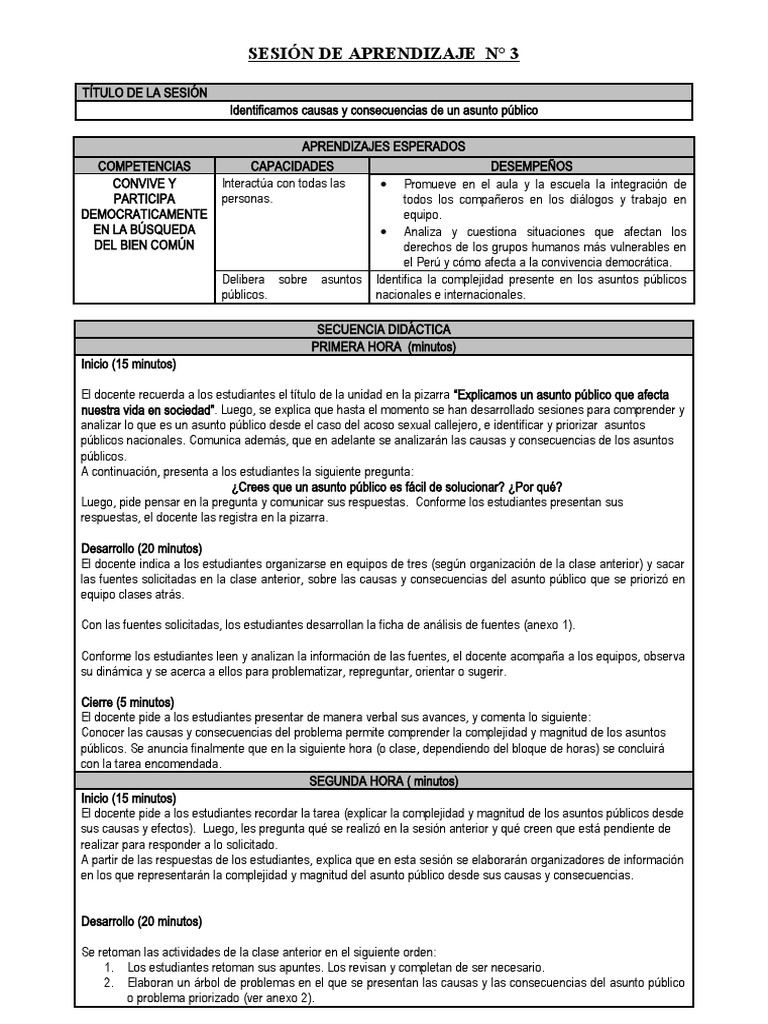 Sesión Aprendizaje 3 Causas y Consecuencias de Asunto Publico Mint | PDF | Democracia ...
