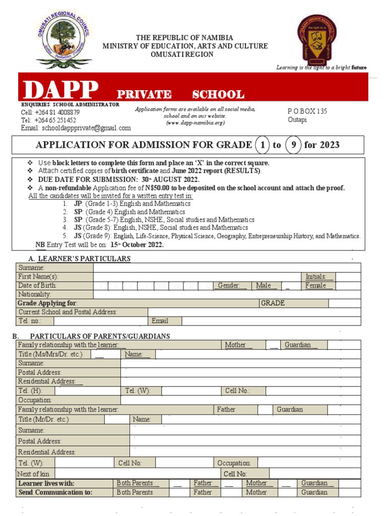 DAPP Private School Application Form For 2023-Web | PDF
