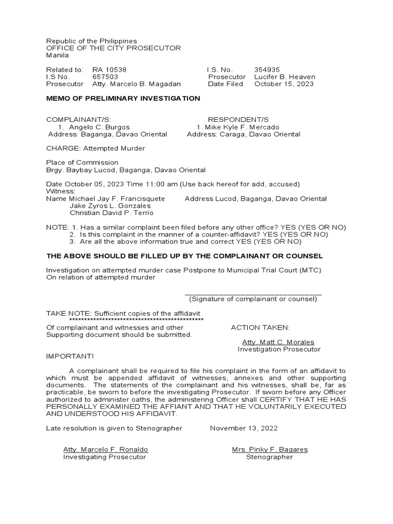 Sample of Memo For Preliminary Investigation | PDF | Affidavit | Common Law