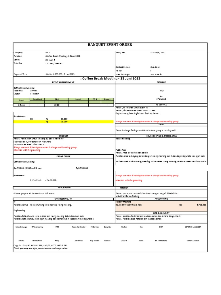 Banquet Event Order - MCI 25 Juni 2023 | PDF