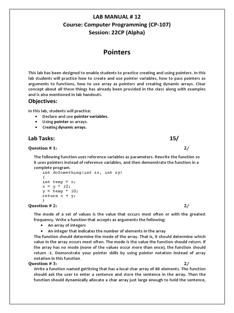 C Lab 12 Alpha Pdf Pointer Computer Programming Parameter Computer Programming