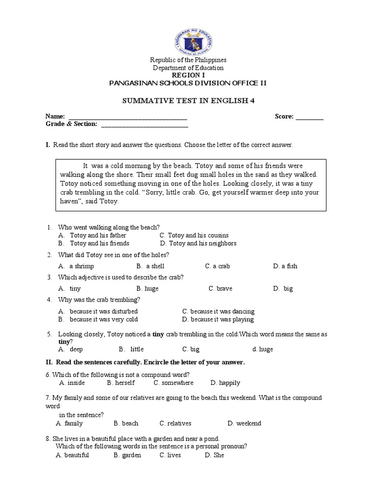 Grade 4 English Summative Test | PDF | Linguistic Morphology | Linguistics