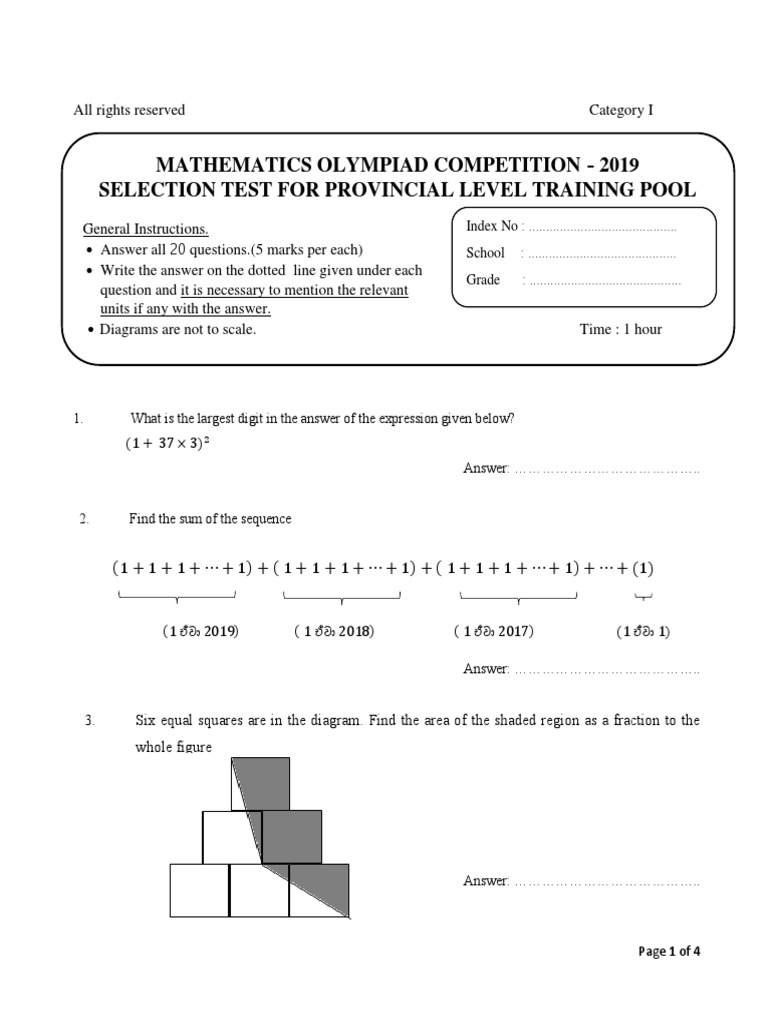 2019 Math Olympiad Selection Test | PDF