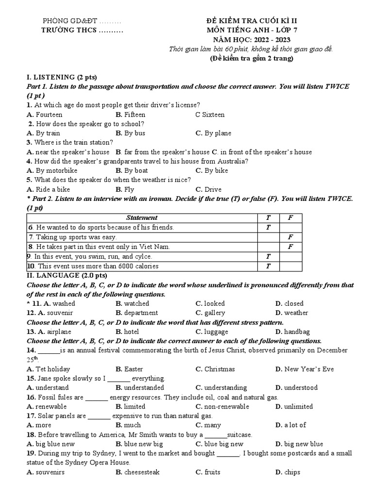 3. ĐỀ CUỐI KỲ 2 ANH 7 | PDF