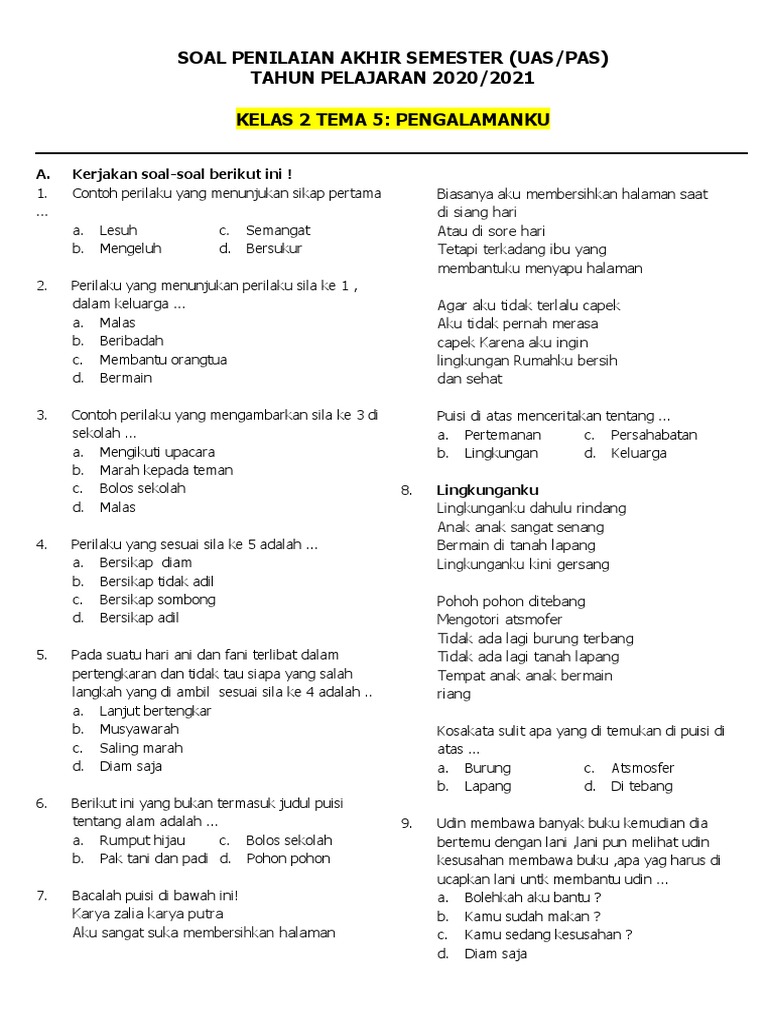 Soal Pas Kelas 2 Tema 5 Kamimadrasah Pdf