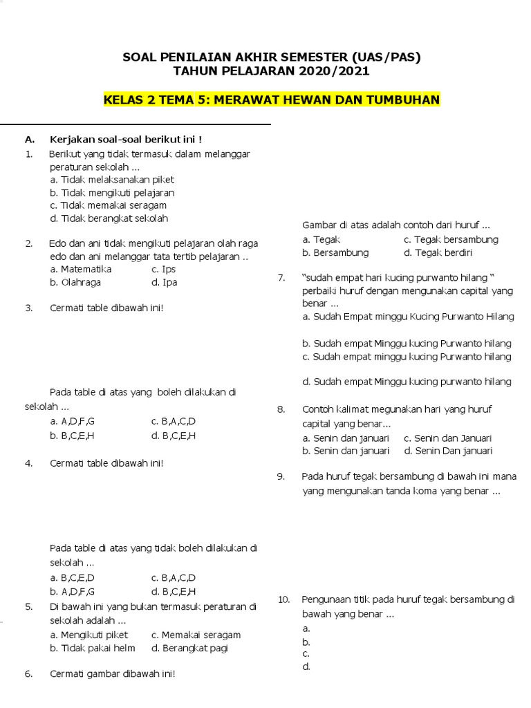 Soal PAS Kelas 2 Tema 6 - Kamimadrasah (1) | PDF