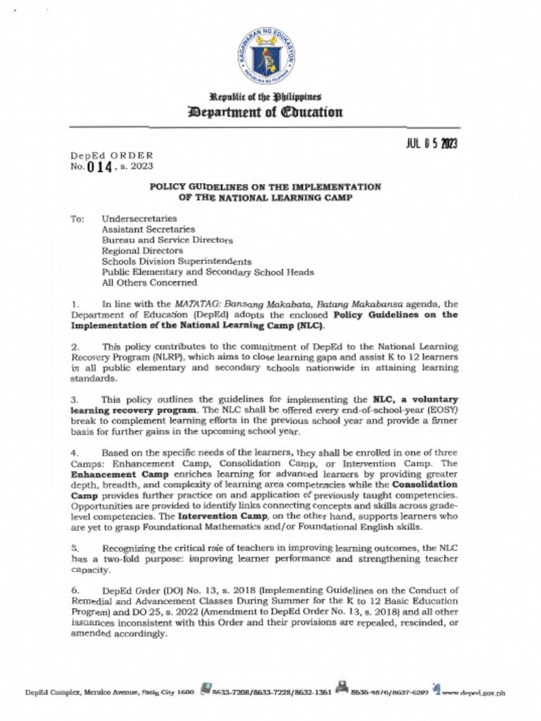 DO s2023 014 Policy On The National Learning Camp | PDF