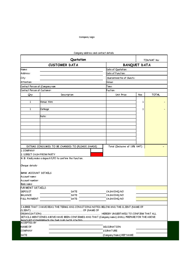 Banquet Hall Quotation Template | PDF