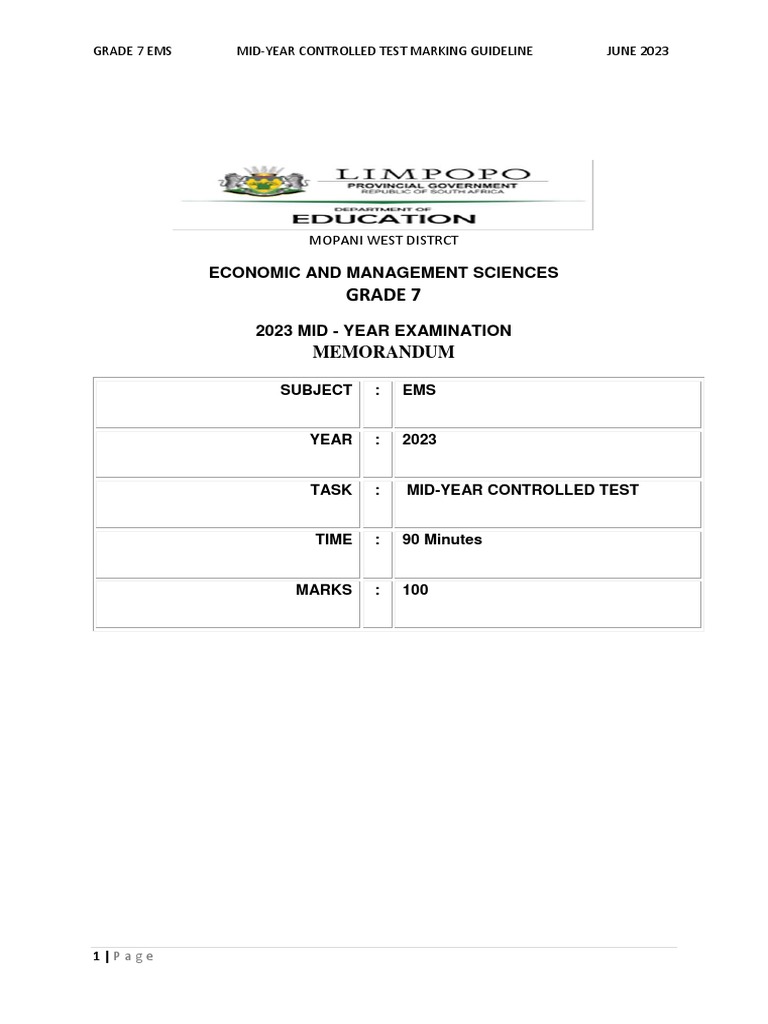 Grade 7 EMS Mid-Year Exam Memo 2023 | PDF | Expense | Saving