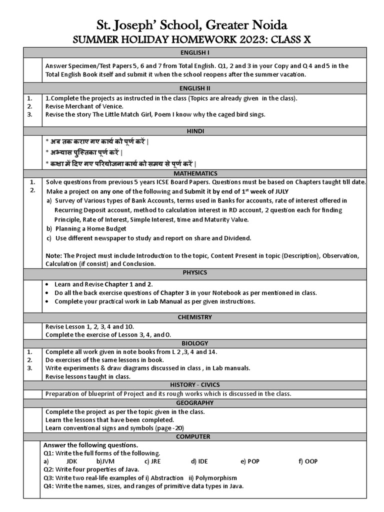 St. Joseph' School, Greater Noida: Summer Holiday Homework 2023: Class X | PDF | Method ...