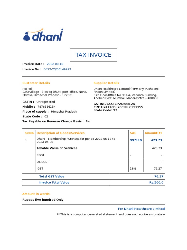 Dhani Plus Invoice1672981492326 | PDF