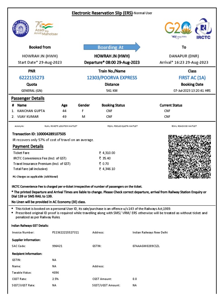 12303/poorva Express First Ac (1A) | PDF | Identity Document